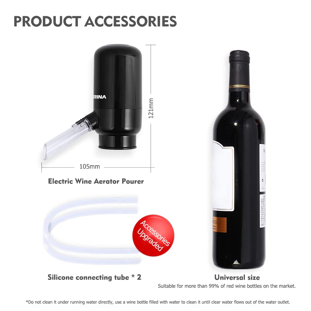 Winirina Electric Wine Aerator, Bottle Pourer, Automatic Wine Decanter Spout, Dispenser with 2 Silicone Connecting Tubes (Black)