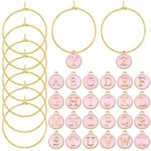 aylifu 52pcs round pink enamel initial letter charms and 60pcs 25 mm golden wine glass rings drink identifiers markers for wedding champagne party decoration supplies gifts