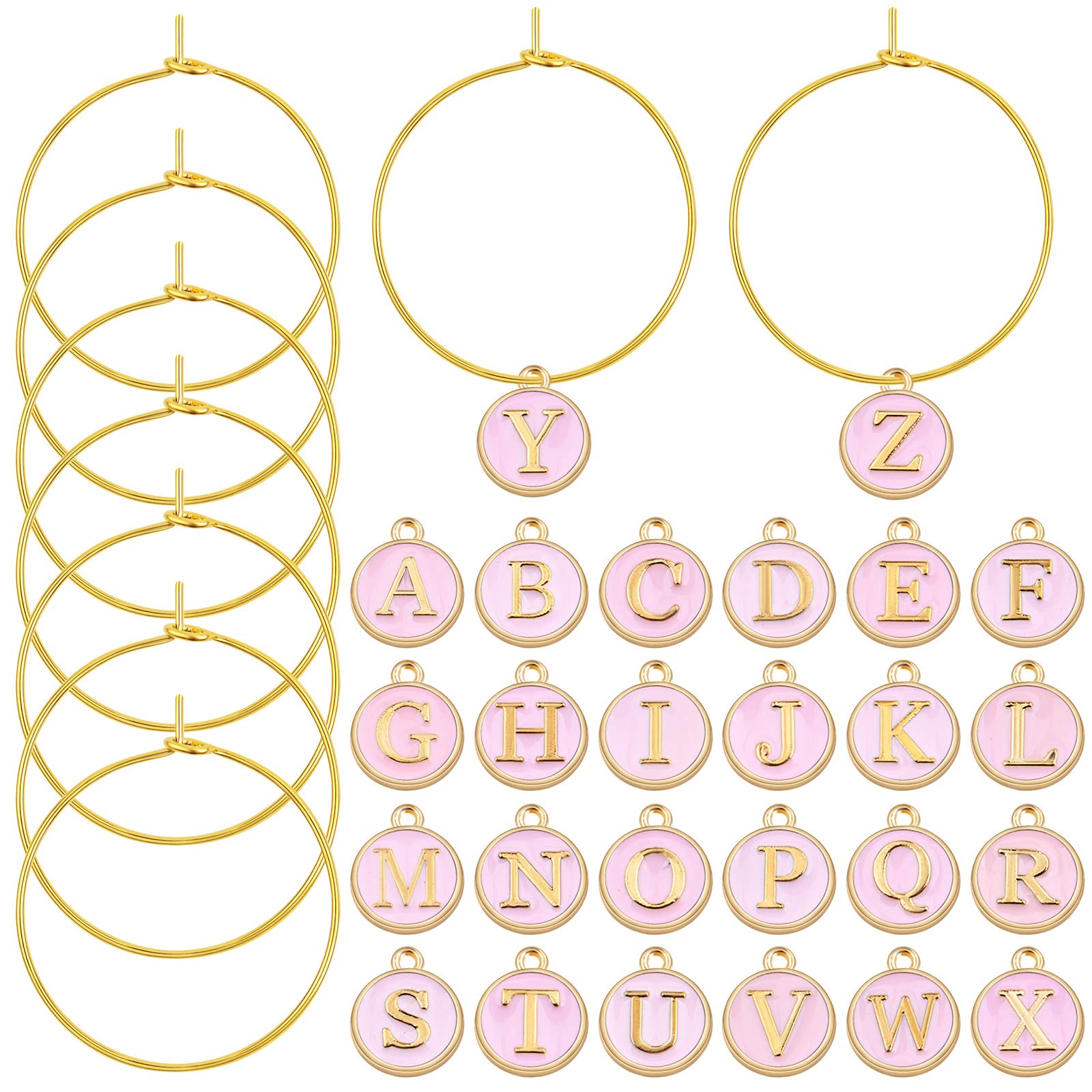 Aylifu 52pcs Round Pink Enamel Initial Letter Charms and 60pcs 25 mm Golden Wine Glass Rings Drink Identifiers Markers for Wedding Champagne Party Decoration Supplies Gifts