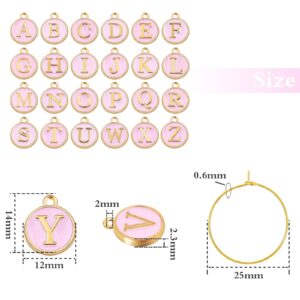 Aylifu 52pcs Round Pink Enamel Initial Letter Charms and 60pcs 25 mm Golden Wine Glass Rings Drink Identifiers Markers for Wedding Champagne Party Decoration Supplies Gifts