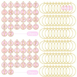 Aylifu 52pcs Round Pink Enamel Initial Letter Charms and 60pcs 25 mm Golden Wine Glass Rings Drink Identifiers Markers for Wedding Champagne Party Decoration Supplies Gifts