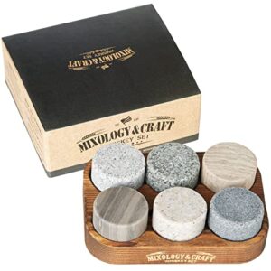 mixology & craft whiskey stones set - 6 circular granite bourbon chilling rocks - great whiskey gifts for men, fathers, groomsmen gifts