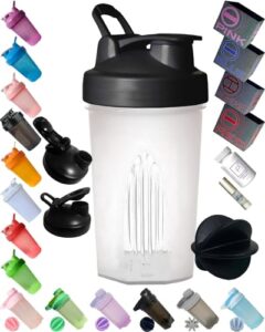 ebat protein poweder shaker bottle w. bpa free, leak proof, embossed ounce & milliliter markings,juice mixer, fitness shaker cup w. whisk ball (black cover/black body, 400ml)