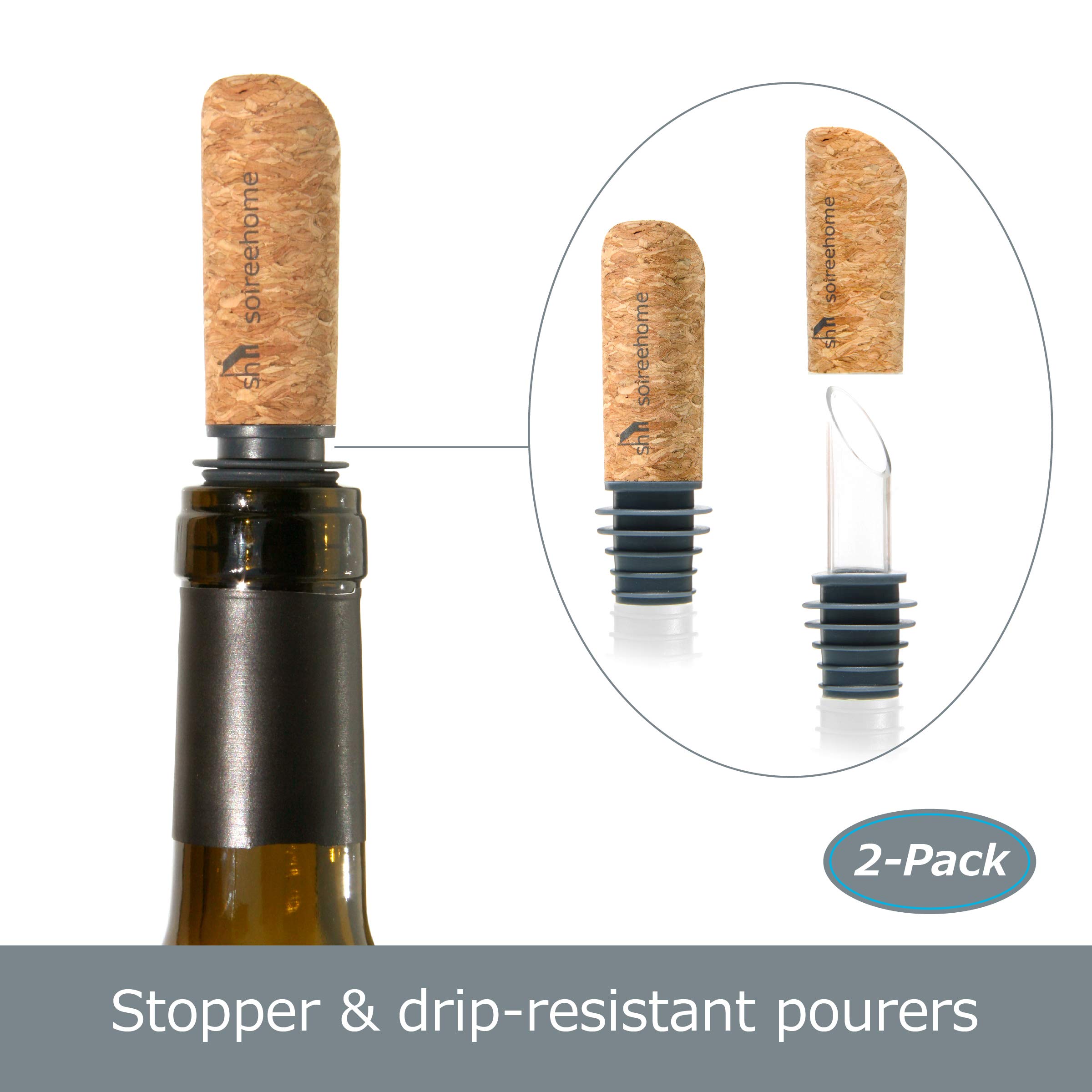 Soireehome Pourist Pair of Gourmet Glass and Cork Stopper Spouts with Silicone Gasket - 2-pack, 4 Pieces - Clean Pours for Cooking, Measuring, Bartending - Fits Most Bottles