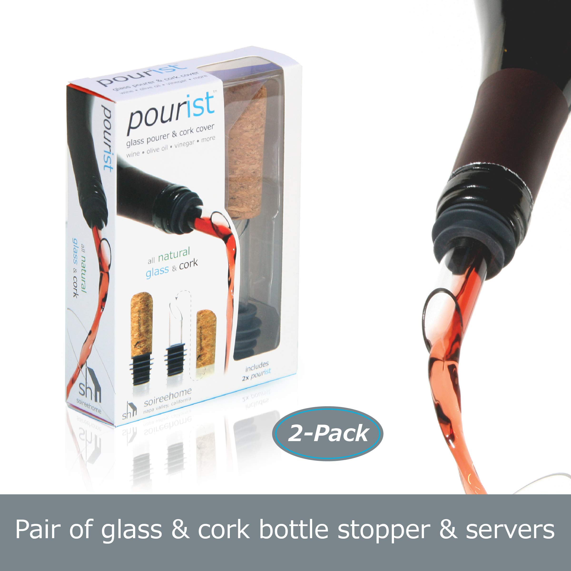 Soireehome Pourist Pair of Gourmet Glass and Cork Stopper Spouts with Silicone Gasket - 2-pack, 4 Pieces - Clean Pours for Cooking, Measuring, Bartending - Fits Most Bottles