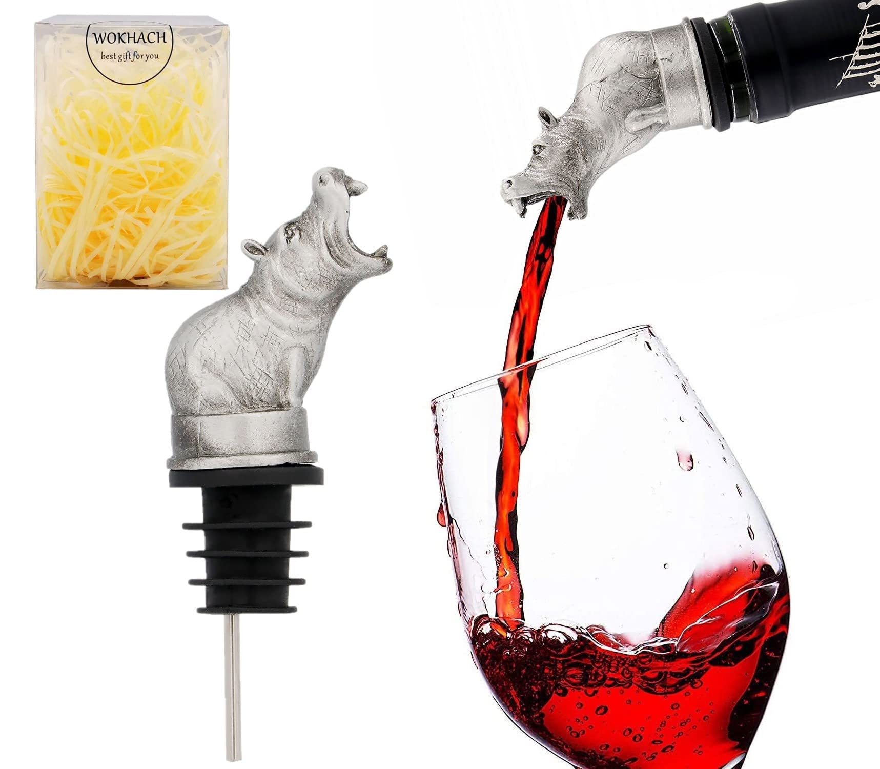 WOKHACH Animal Wine Aerator & Liquor Pourer for Bar,Home and Party Wine Pourer Aerator Festival Gift (Hippo Silver Gray)