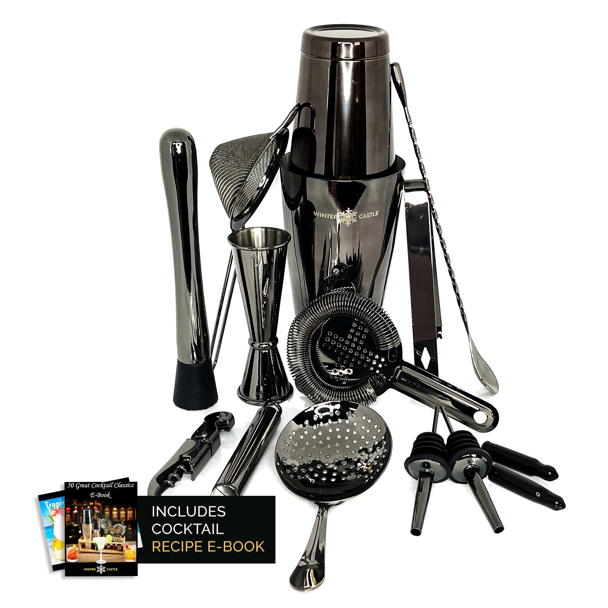 Cocktail Shaker Set 16 Piece, Mixology Essential, All-in-One Cocktail Set, Drink Shaker, Strainers and Essential Bar Tools, Bar Set for Beginner & Professional Use, Black - WinterCastle Enterprises