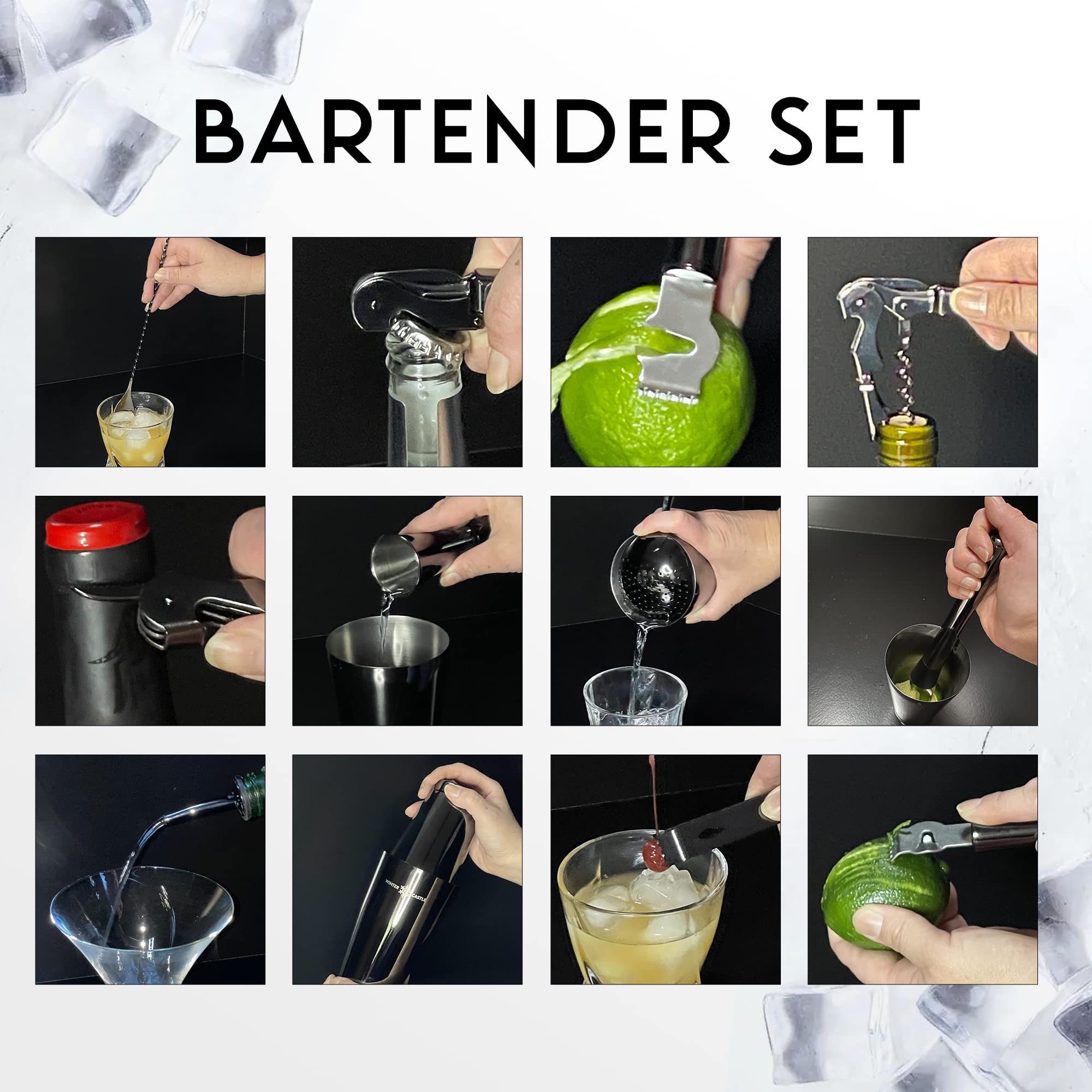 Cocktail Shaker Set 16 Piece, Mixology Essential, All-in-One Cocktail Set, Drink Shaker, Strainers and Essential Bar Tools, Bar Set for Beginner & Professional Use, Black - WinterCastle Enterprises