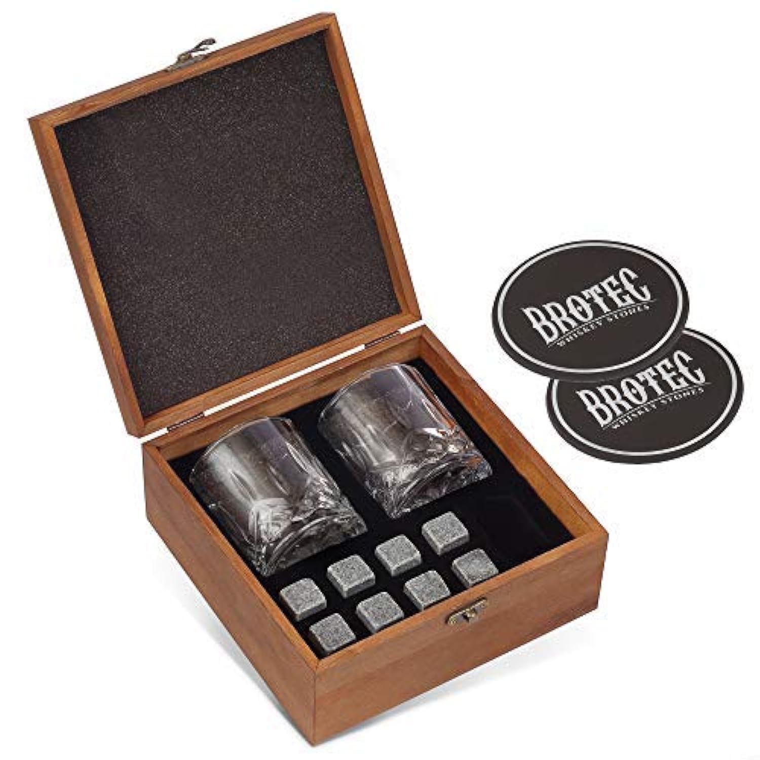 Whiskey Stones Gift Set - 8 Granite Chilling Whisky Rocks - 2 Large Crystal Whiskey Drinking Glasses - 2 Coasters in Handmade Wooden Box – Premium Bar Accessories for the Best Tasting Beverages