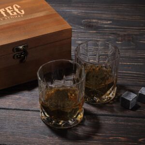 Whiskey Stones Gift Set - 8 Granite Chilling Whisky Rocks - 2 Large Crystal Whiskey Drinking Glasses - 2 Coasters in Handmade Wooden Box – Premium Bar Accessories for the Best Tasting Beverages