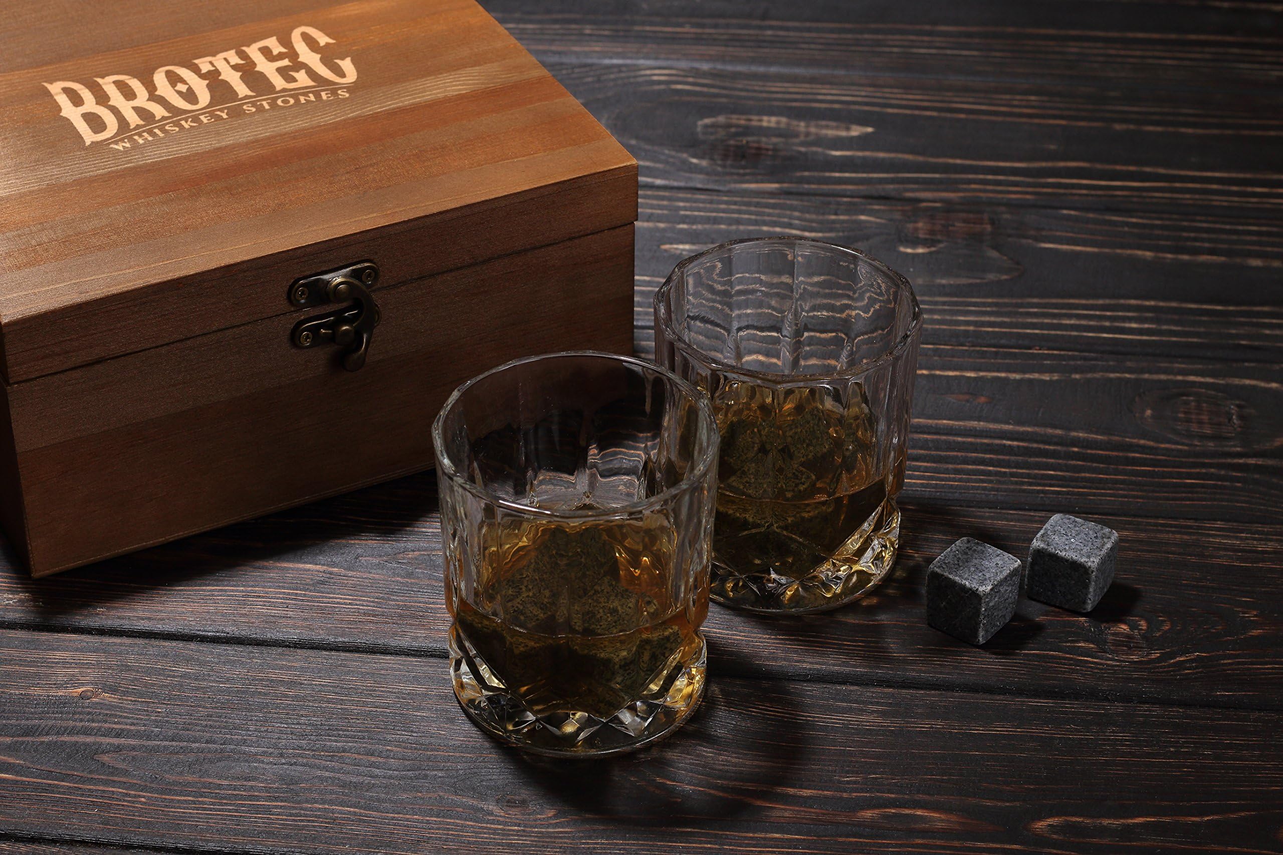 Whiskey Stones Gift Set - 8 Granite Chilling Whisky Rocks - 2 Large Crystal Whiskey Drinking Glasses - 2 Coasters in Handmade Wooden Box – Premium Bar Accessories for the Best Tasting Beverages