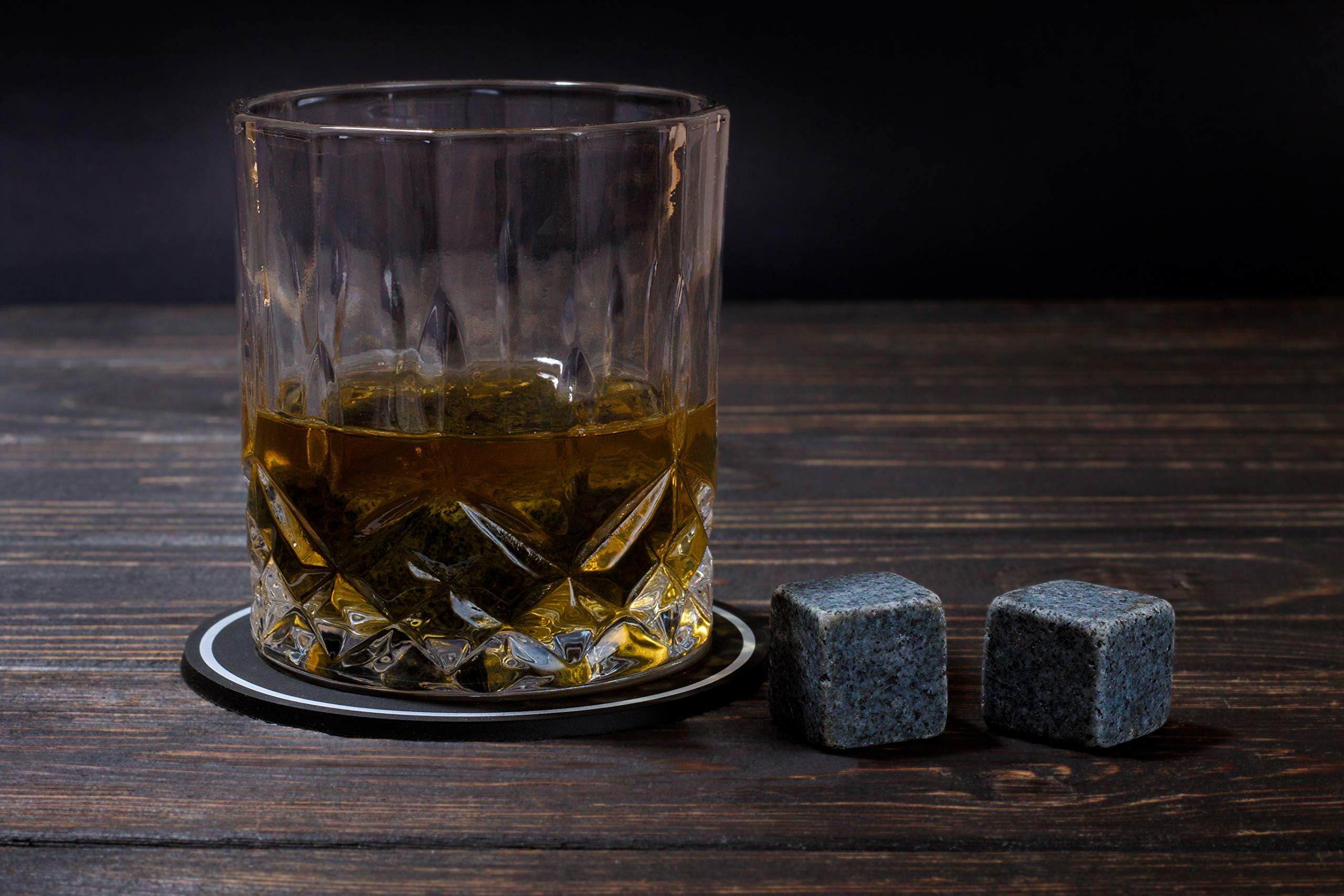 Whiskey Stones Gift Set - 8 Granite Chilling Whisky Rocks - 2 Large Crystal Whiskey Drinking Glasses - 2 Coasters in Handmade Wooden Box – Premium Bar Accessories for the Best Tasting Beverages