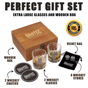 Whiskey Stones Gift Set - 8 Granite Chilling Whisky Rocks - 2 Large Crystal Whiskey Drinking Glasses - 2 Coasters in Handmade Wooden Box – Premium Bar Accessories for the Best Tasting Beverages