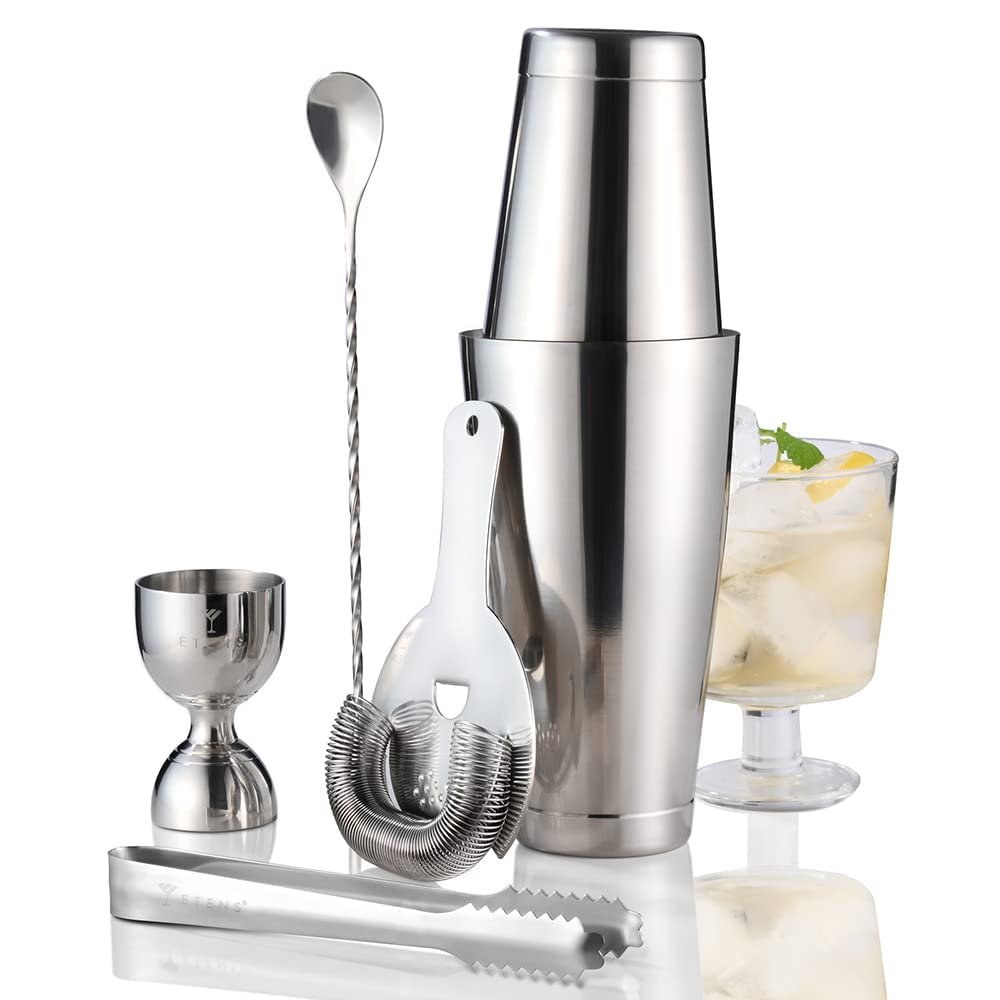 Etens Boston Cocktail Shaker Set, 6pc Bartender Kit Bar Set Bartending Tools Accessories: Weighted Shaking Tins, Mixology Strainer, Bell Jigger, Mixing Spoon | Martini shakers Drink Mixer