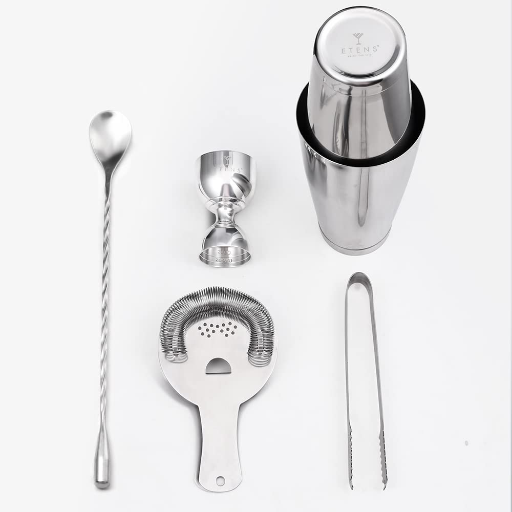 Etens Boston Cocktail Shaker Set, 6pc Bartender Kit Bar Set Bartending Tools Accessories: Weighted Shaking Tins, Mixology Strainer, Bell Jigger, Mixing Spoon | Martini shakers Drink Mixer