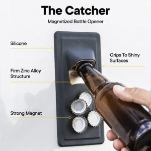 Tooletries - The Catcher - Bottle Opener with Silicone Grip Technology & Built-In Magnet to Catch Caps - Removable & Reusable - For Home Fridge, Shower, BBQ, Boat, RV, Garage or Any Shiny Surface