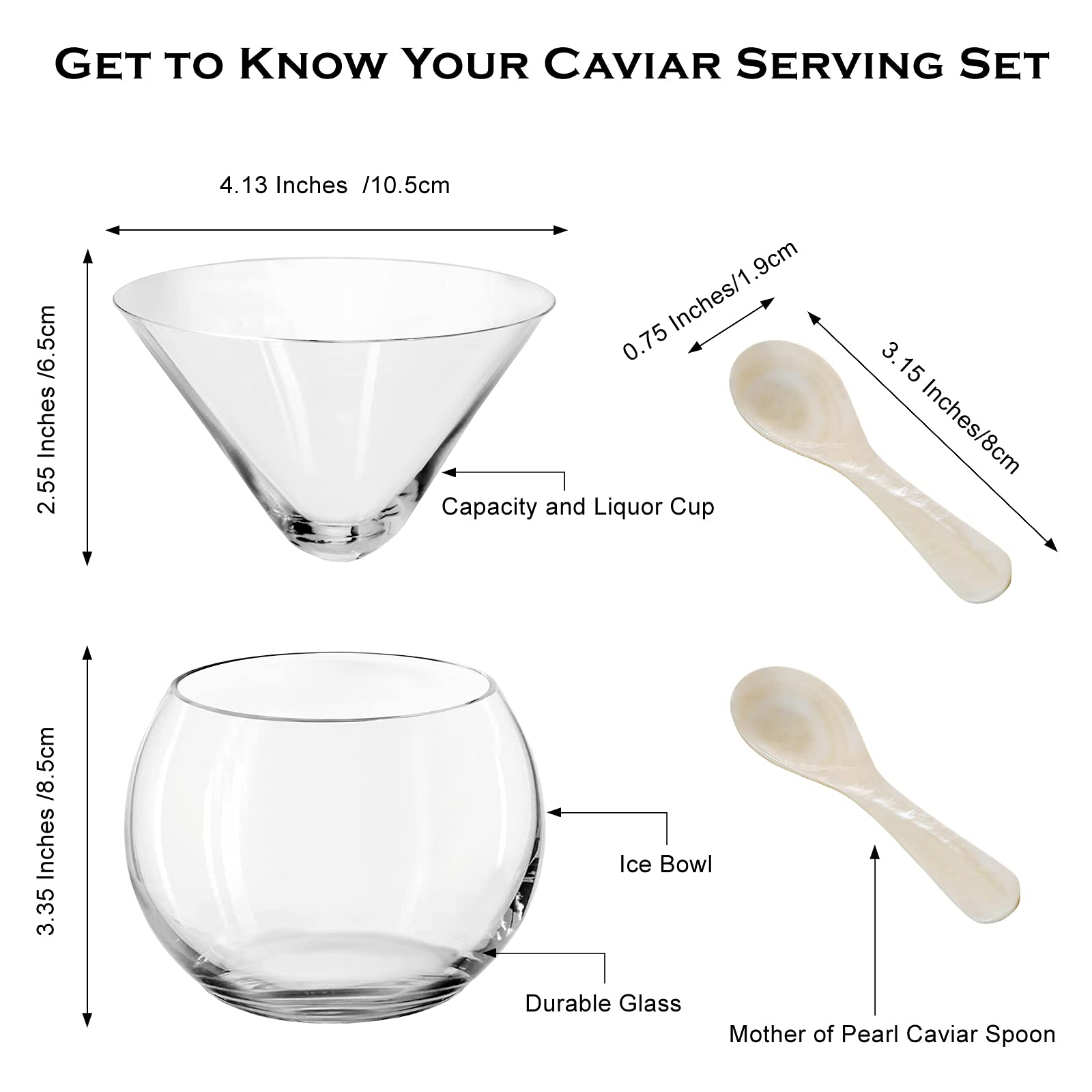 Caviar Serving Set Chiller Server Plus 6 x Hand Craft White Mother of Pearl Caviar Spoon 3" Cocktail Caviar Wine Chiller Martini Glasses