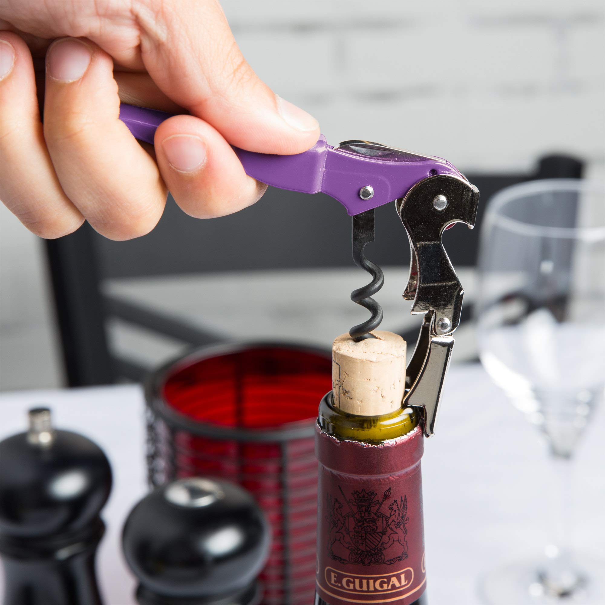 Pulltap's Double-Hinged Waiters Corkscrew, Wine Opener and Foil Cutter, Beer Bottle Opener, Purple