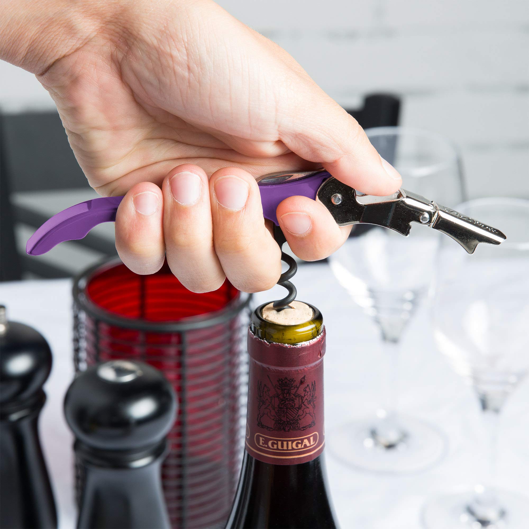 Pulltap's Double-Hinged Waiters Corkscrew, Wine Opener and Foil Cutter, Beer Bottle Opener, Purple