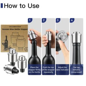 Vacuum Wine Bottle Stoppers, 2 pack, Vacuum Wine Saver, Vacuum Pump Corks, Freshness Keeper, Leak proof, Stainless Steel, Reusable, Best Gift Accessories, Vacumaster