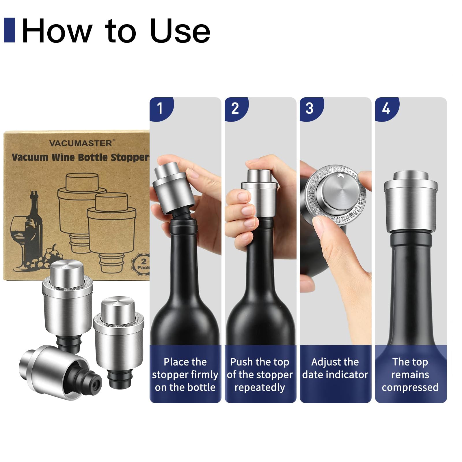 Vacuum Wine Bottle Stoppers, 2 pack, Vacuum Wine Saver, Vacuum Pump Corks, Freshness Keeper, Leak proof, Stainless Steel, Reusable, Best Gift Accessories, Vacumaster