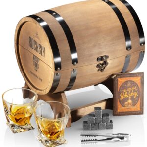 ROCKSLY Full Barrel BAR Set: Men’s Premium Whiskey Stones Gift Box, Wood Case & Stand, 2 Glasses, 8 Stones, Tongs, Carry Bag, & Cocktail Cards, 14 Pcs