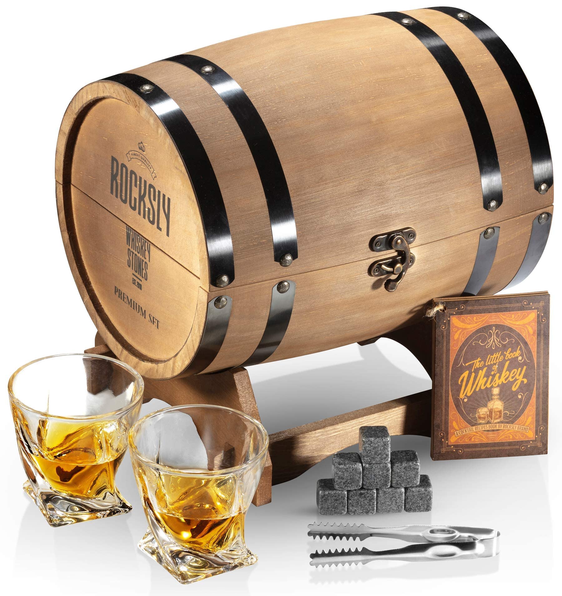 ROCKSLY Full Barrel BAR Set: Men’s Premium Whiskey Stones Gift Box, Wood Case & Stand, 2 Glasses, 8 Stones, Tongs, Carry Bag, & Cocktail Cards, 14 Pcs