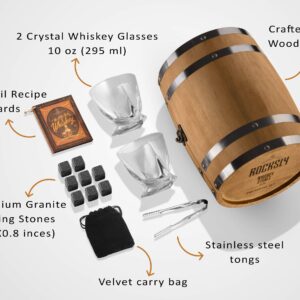 ROCKSLY Full Barrel BAR Set: Men’s Premium Whiskey Stones Gift Box, Wood Case & Stand, 2 Glasses, 8 Stones, Tongs, Carry Bag, & Cocktail Cards, 14 Pcs