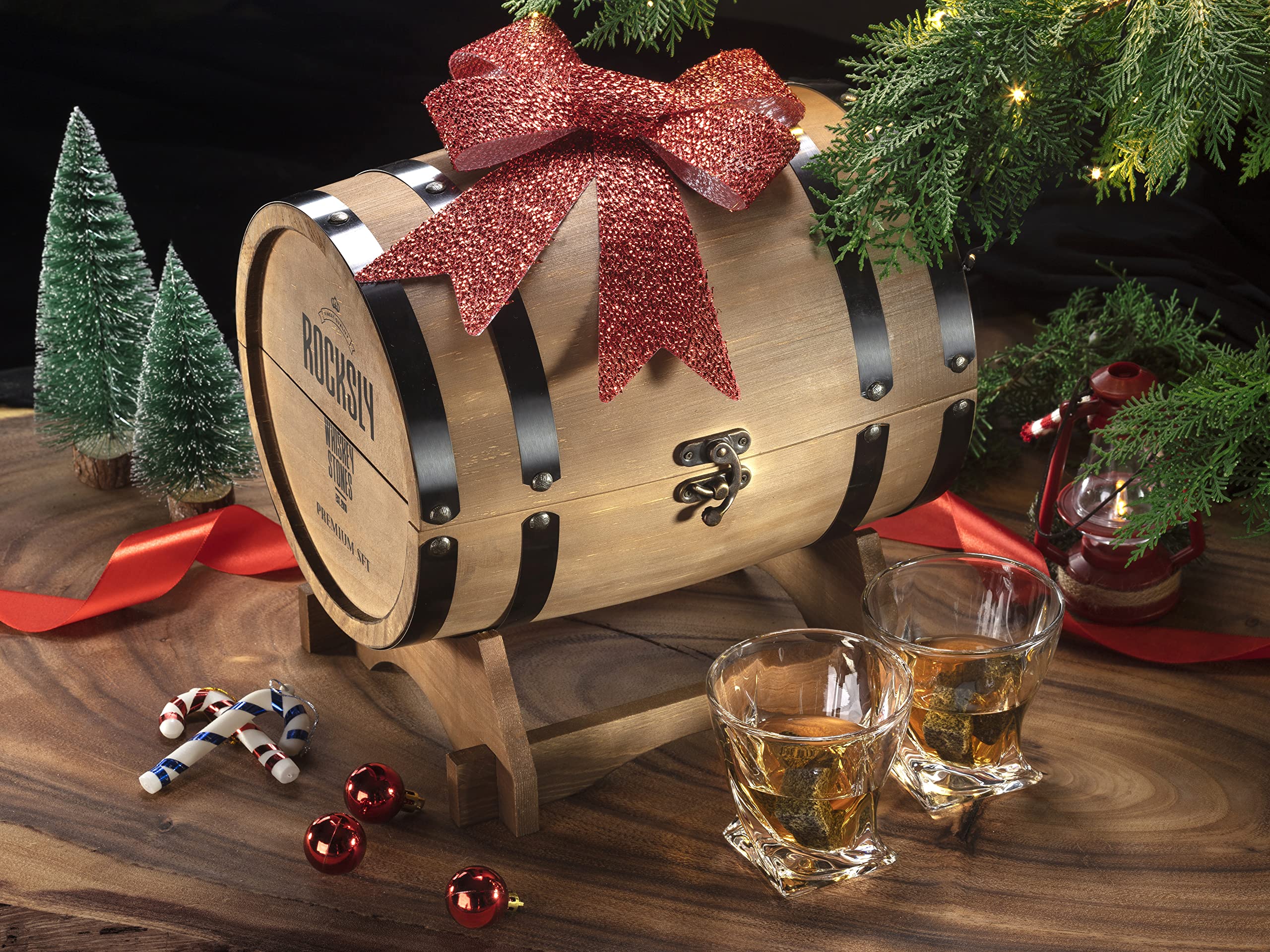 ROCKSLY Full Barrel BAR Set: Men’s Premium Whiskey Stones Gift Box, Wood Case & Stand, 2 Glasses, 8 Stones, Tongs, Carry Bag, & Cocktail Cards, 14 Pcs