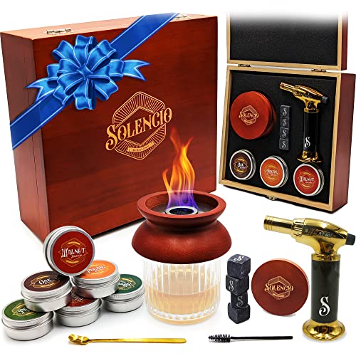 SOLENCIO Cocktail Smoker Kit with Butane Torch, 6 Wood Chip Flasks, 4 Stone Ice Cubes, and Whiskey Box Set for Old Fashioned and Bourbon Infusion as Gift for Men, Husband, Dad, and All Whisky Lovers