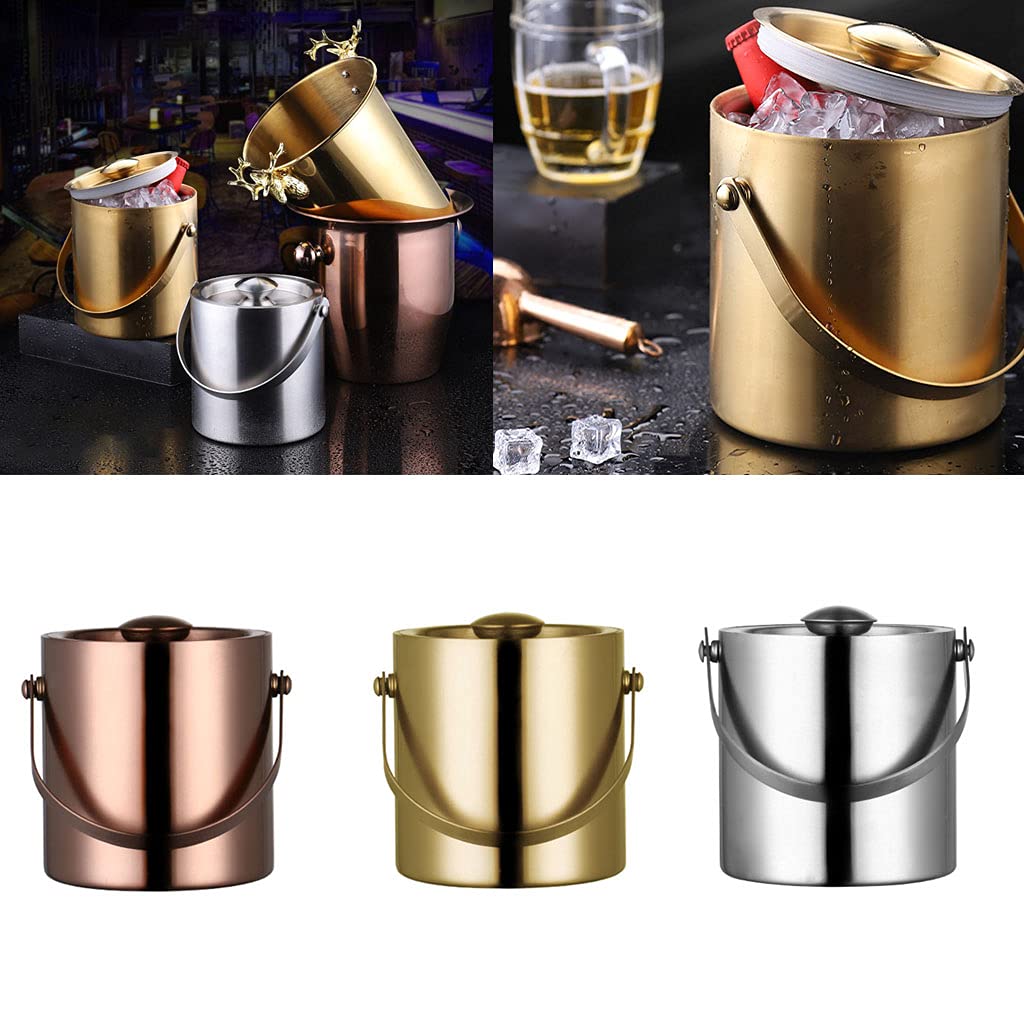 Cuawan Ice Bucket - 3L Double Thermal Insulation Bucket, Nordic Bar and KTV Beer and Wine Cocktail and Champagne Chilling Bucket with Lid,Champagne/Golden/Silver (Gold)