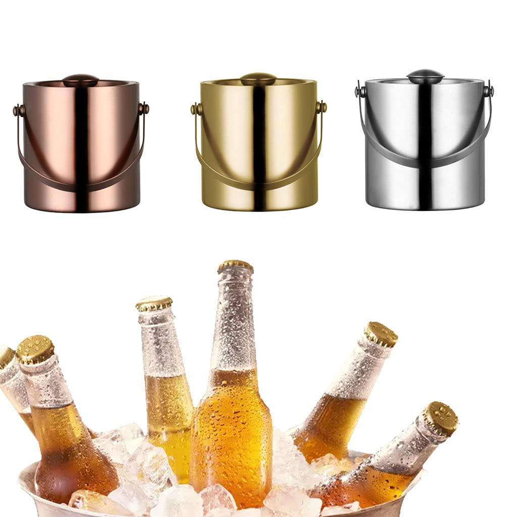 Cuawan Ice Bucket - 3L Double Thermal Insulation Bucket, Nordic Bar and KTV Beer and Wine Cocktail and Champagne Chilling Bucket with Lid,Champagne/Golden/Silver (Gold)