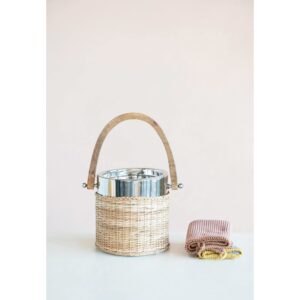 Creative Co-Op Stainless Steel and Woven Rattan Mango Wood Handle Ice Bucket, 7" L x 10" W x 7" H, Natural