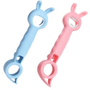 ffuwerg bottle opener can opener jar opener for weak hands, cute 4-in-1 multi function beer opener for seniors with arthritis/child gift(blue+pink)