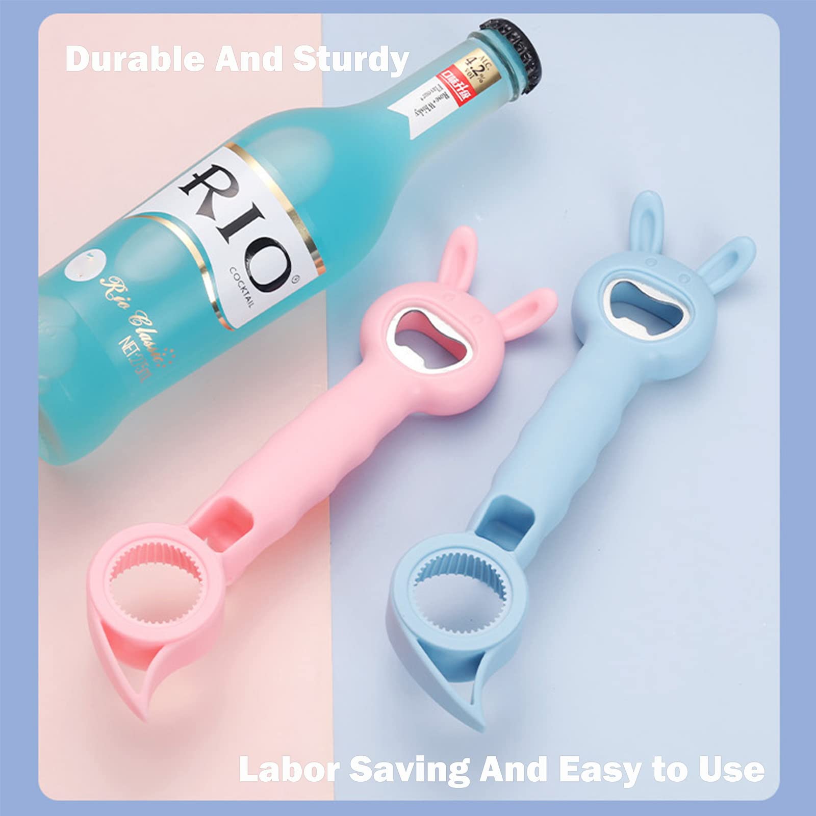 FFUWERG Bottle Opener Can Opener Jar Opener for Weak Hands, Cute 4-in-1 Multi Function Beer Opener for Seniors with Arthritis/Child Gift(Blue+Pink)