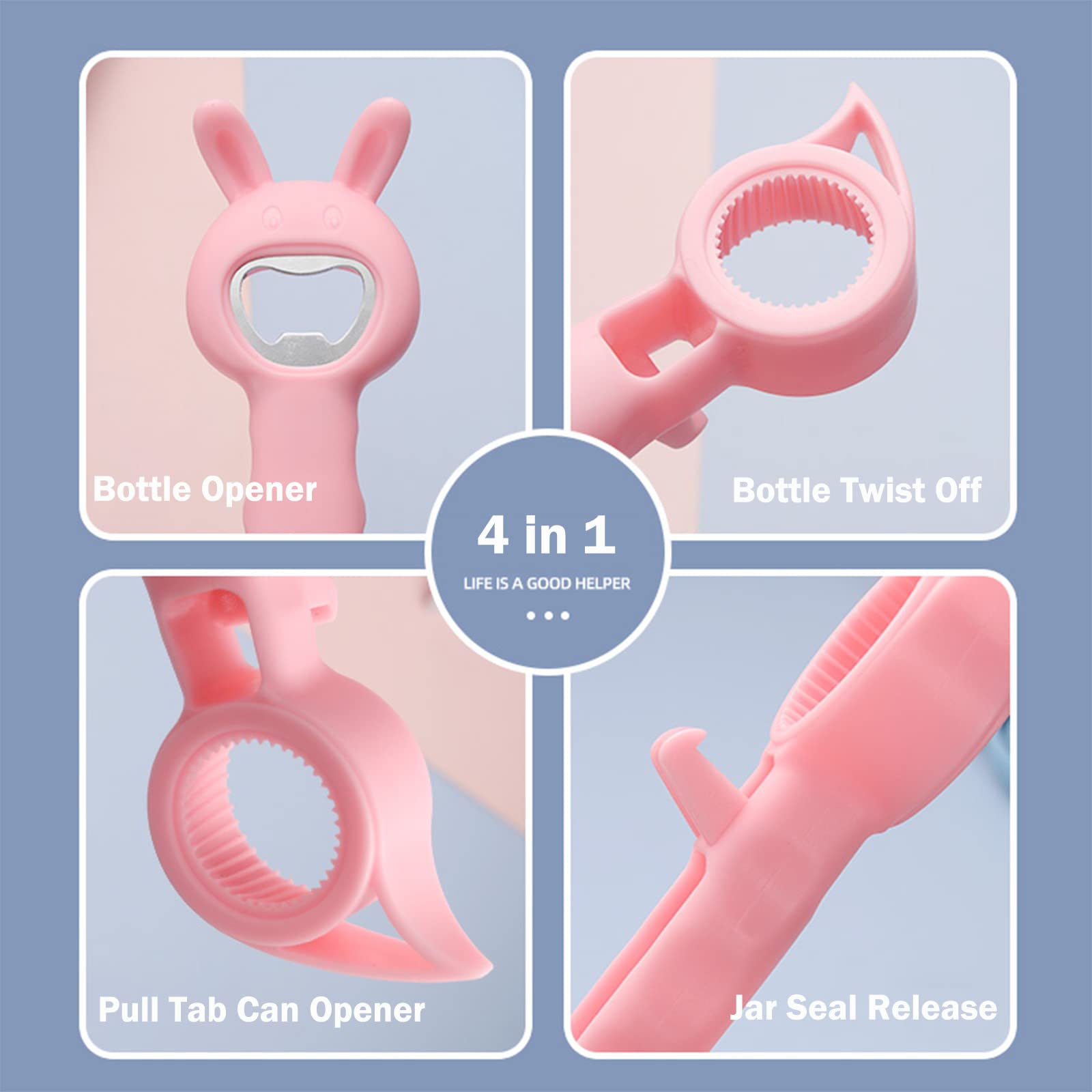 FFUWERG Bottle Opener Can Opener Jar Opener for Weak Hands, Cute 4-in-1 Multi Function Beer Opener for Seniors with Arthritis/Child Gift(Blue+Pink)