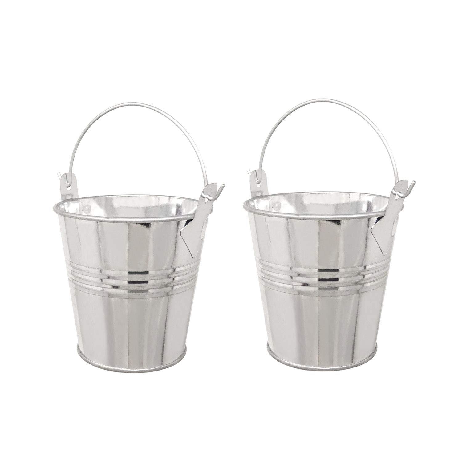 Honbay 2PCS Mini Silver Metal Buckets Tin Pail Containers Decorative Buckets with Handle for Candy Snack and Small Plant