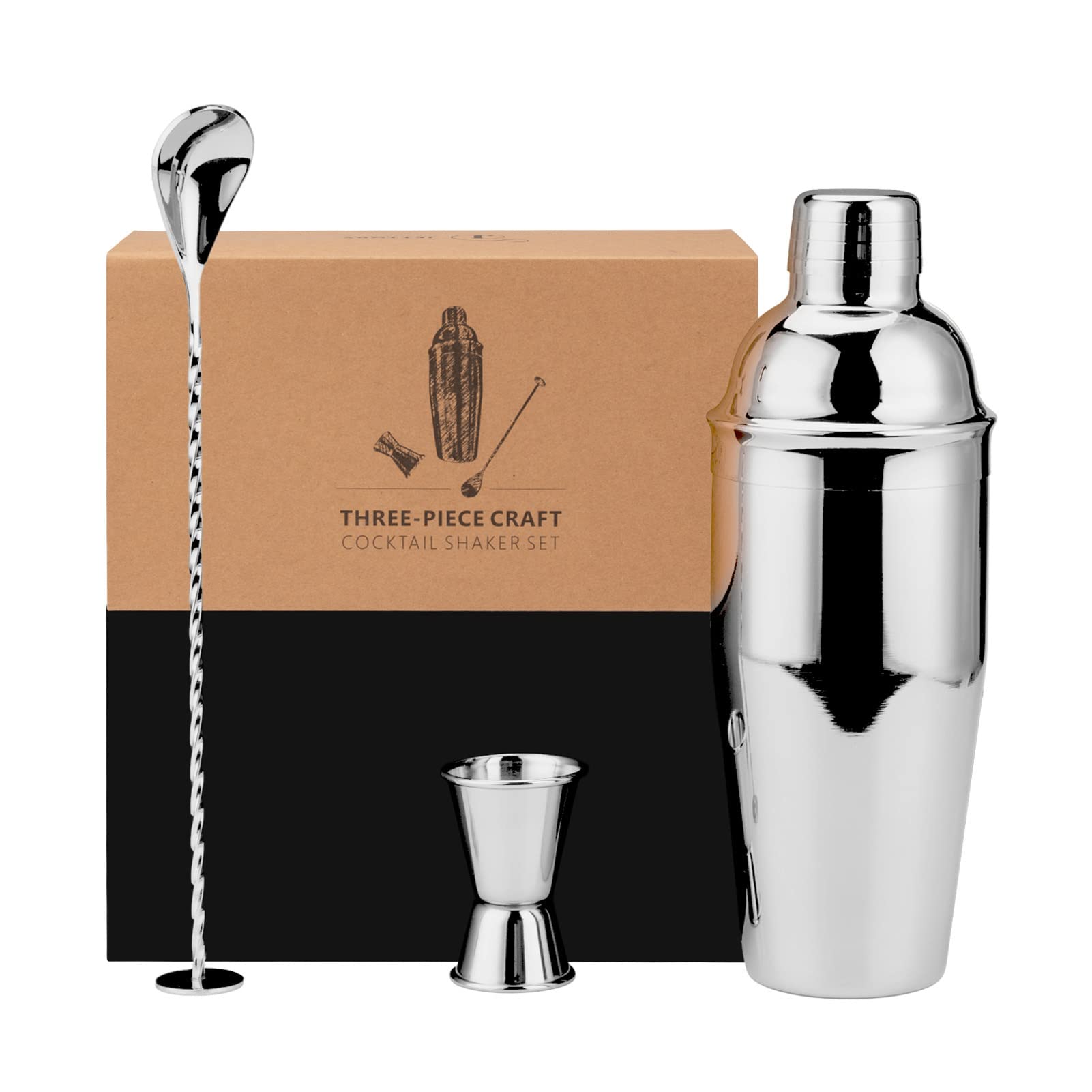 Jettory Cocktail Shaker Set - 3-Piece Mixology Bartender Kit with 24 oz Shaker, Mixing Spoon, Jigger & Gift Box - Premium Martini Shaker Set - Perfect Home Bartending Kit for Beginners