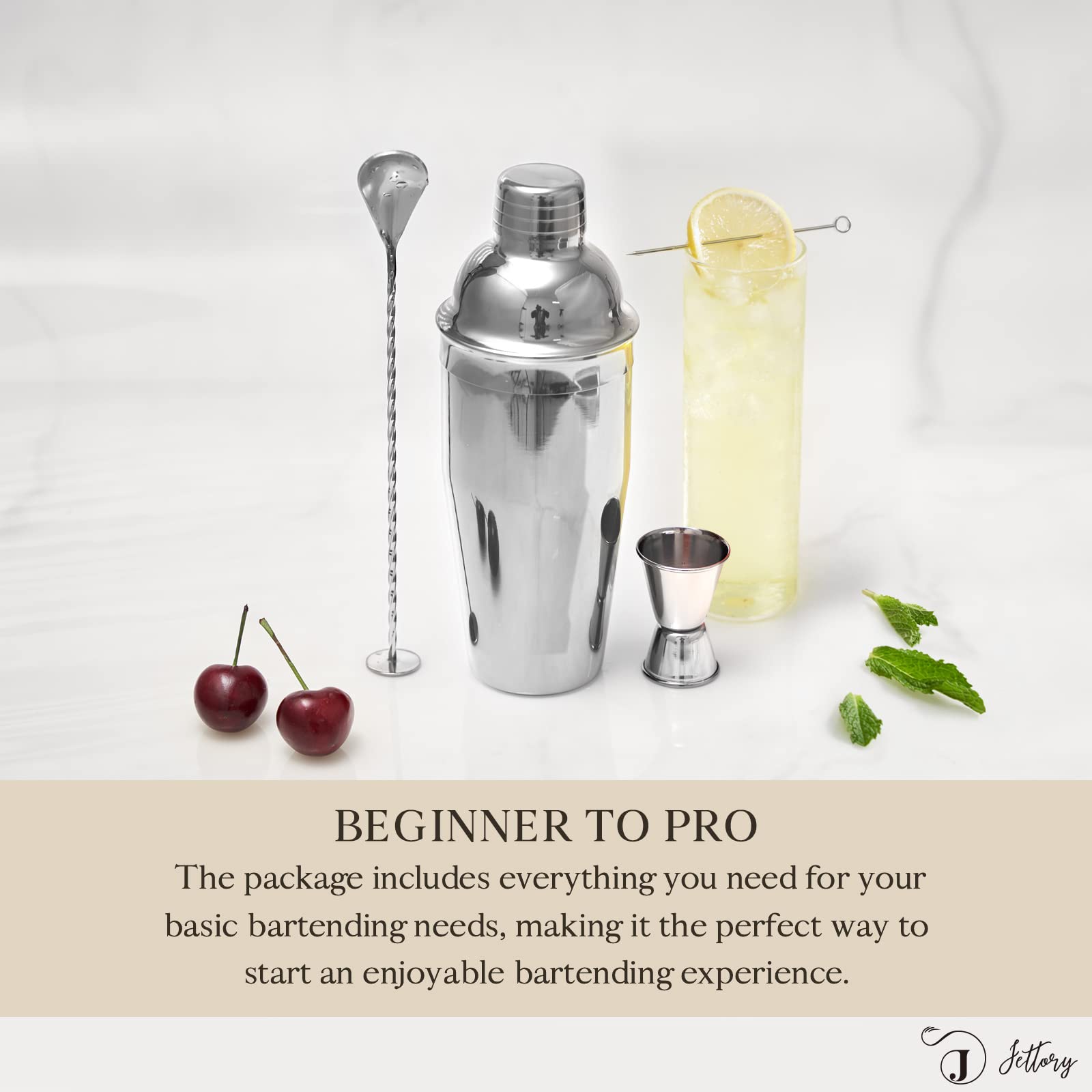 Jettory Cocktail Shaker Set - 3-Piece Mixology Bartender Kit with 24 oz Shaker, Mixing Spoon, Jigger & Gift Box - Premium Martini Shaker Set - Perfect Home Bartending Kit for Beginners