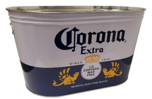 the tin box company corona large party tub with cutout handles blue and white, 16 x 9.25 x 9.25