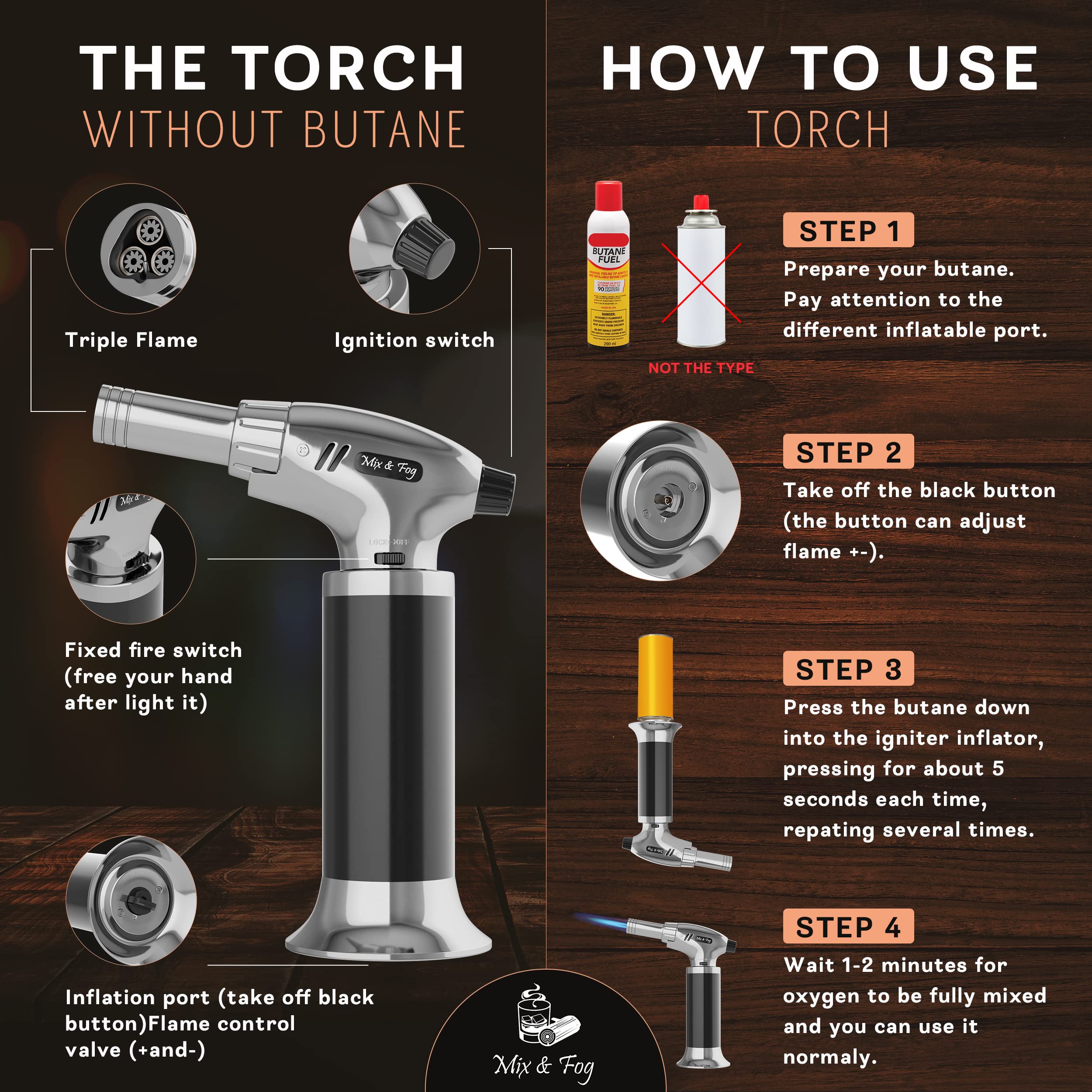 Old Fashioned Cocktail Smoker Mixology Bartenders Kit - For Cocktails, Bitters, Brandy & Scotch, Whiskey, Bourbon | 4 cans of Wood Chips, 4 Coasters, 8 Stainless Steel Whisky Stones, Torch (NO Butane)