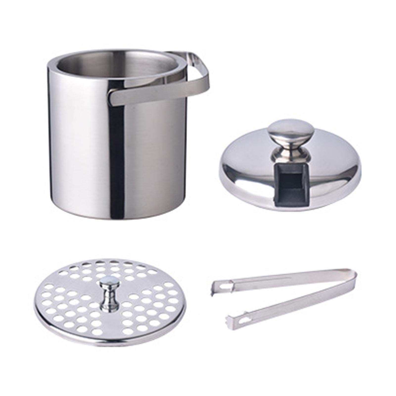 Ice Bucket Insulated with Tongs, Lids, Strainer 1.3 QT, Stainless Steel Insulated Double Wall Bar Ice Bucket Set for Wine, Champagne, Whiskey, Vodka, Cocktails, Beer