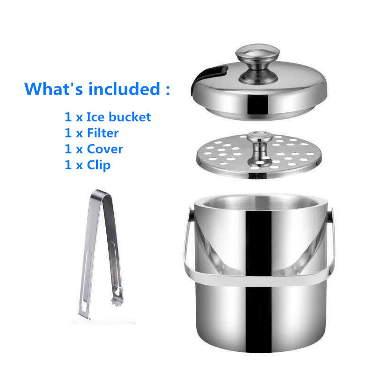 Ice Bucket Insulated with Tongs, Lids, Strainer 1.3 QT, Stainless Steel Insulated Double Wall Bar Ice Bucket Set for Wine, Champagne, Whiskey, Vodka, Cocktails, Beer