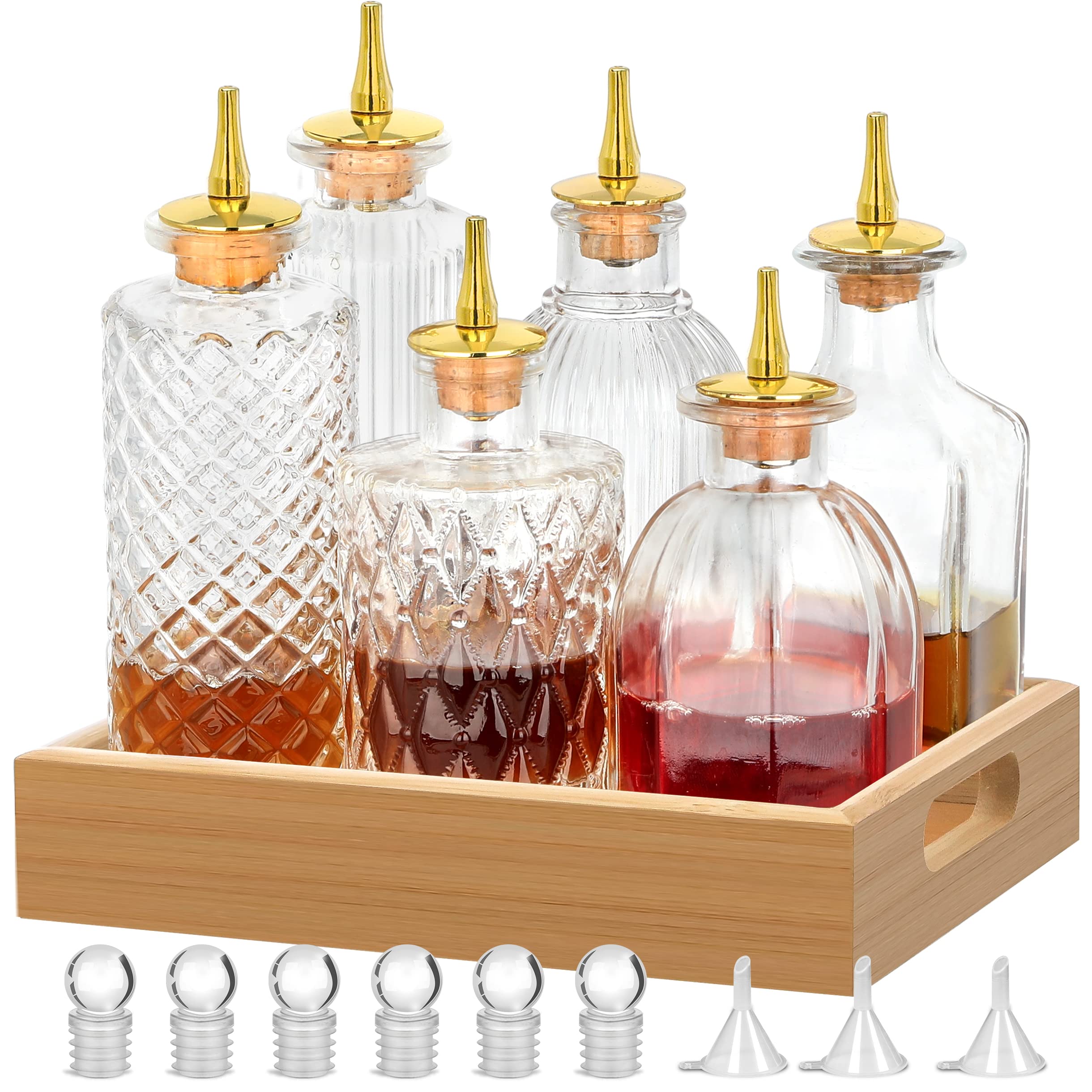 Bitters Bottle - Set of 6 Glass Dasher Bottles with Tray Barware Set for Home Bar Bartender