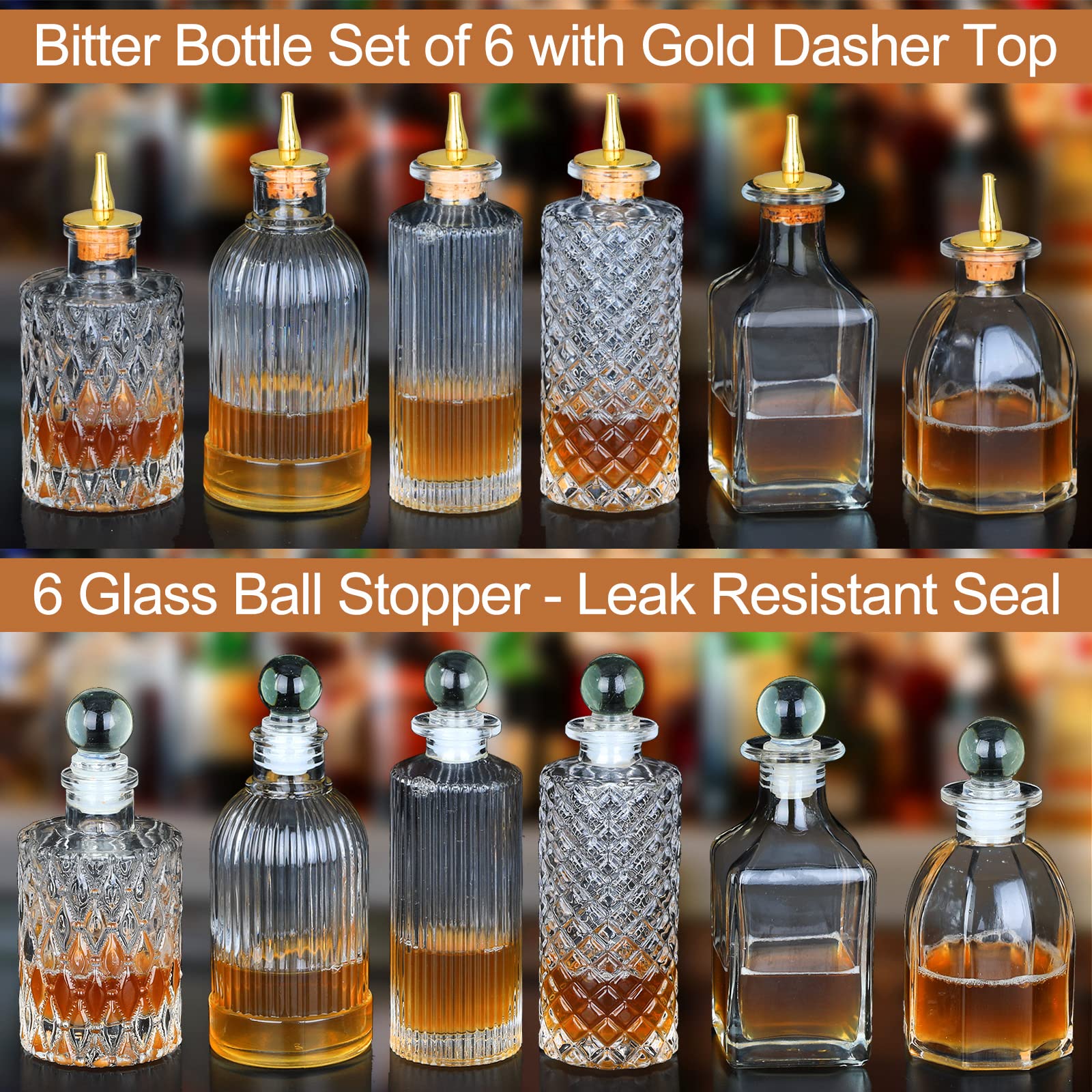 Bitters Bottle - Set of 6 Glass Dasher Bottles with Tray Barware Set for Home Bar Bartender