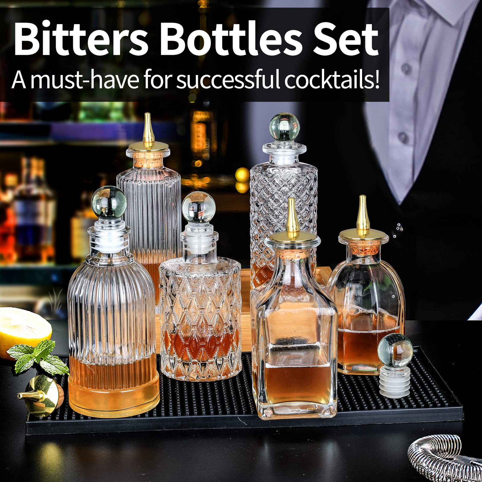 Bitters Bottle - Set of 6 Glass Dasher Bottles with Tray Barware Set for Home Bar Bartender