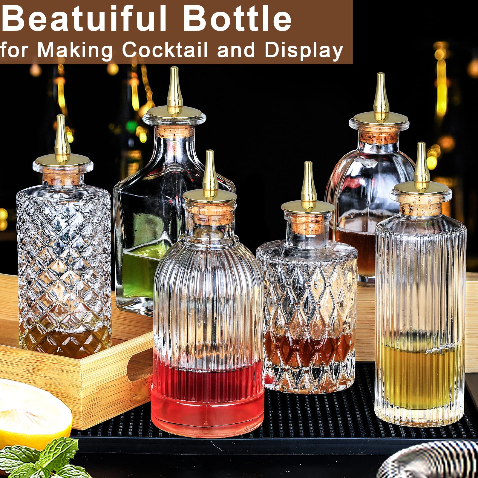 Bitters Bottle - Set of 6 Glass Dasher Bottles with Tray Barware Set for Home Bar Bartender