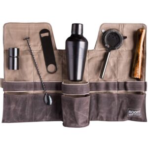 mixology bartender kit | premium titanium cocktail set | 6-piece | cocktail shaker set including cocktail shaker 19 oz, bar blade, jigger, wood muddler, cocktail strainer, bar spoon and wax canvas bag