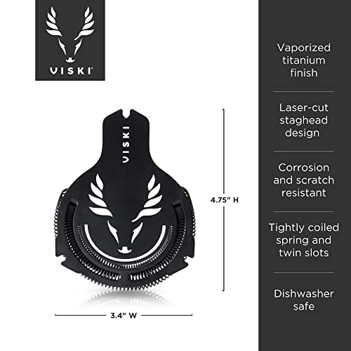 Viski Hawthorne Laser Cut Cocktail Strainer for Drinks with Springs and Scratch Resistant Titanium Finish-Set of 1, Black-Staghead