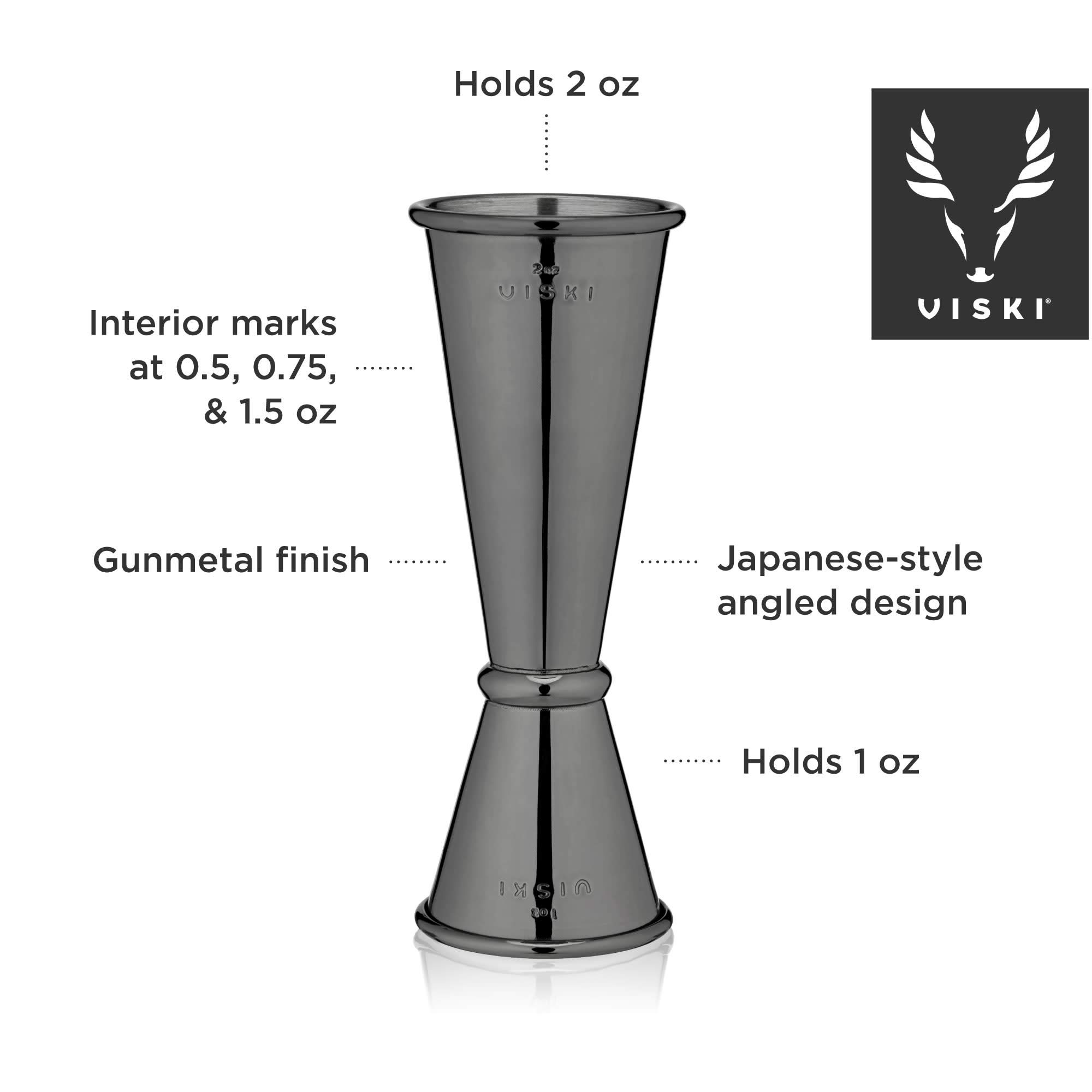 Viski Japanese Style Double Jigger for Cocktails, Bar Kit Essential, 1oz and 2oz with Interior Measurements, Stainless Steel with Gunmetal Finish,Black